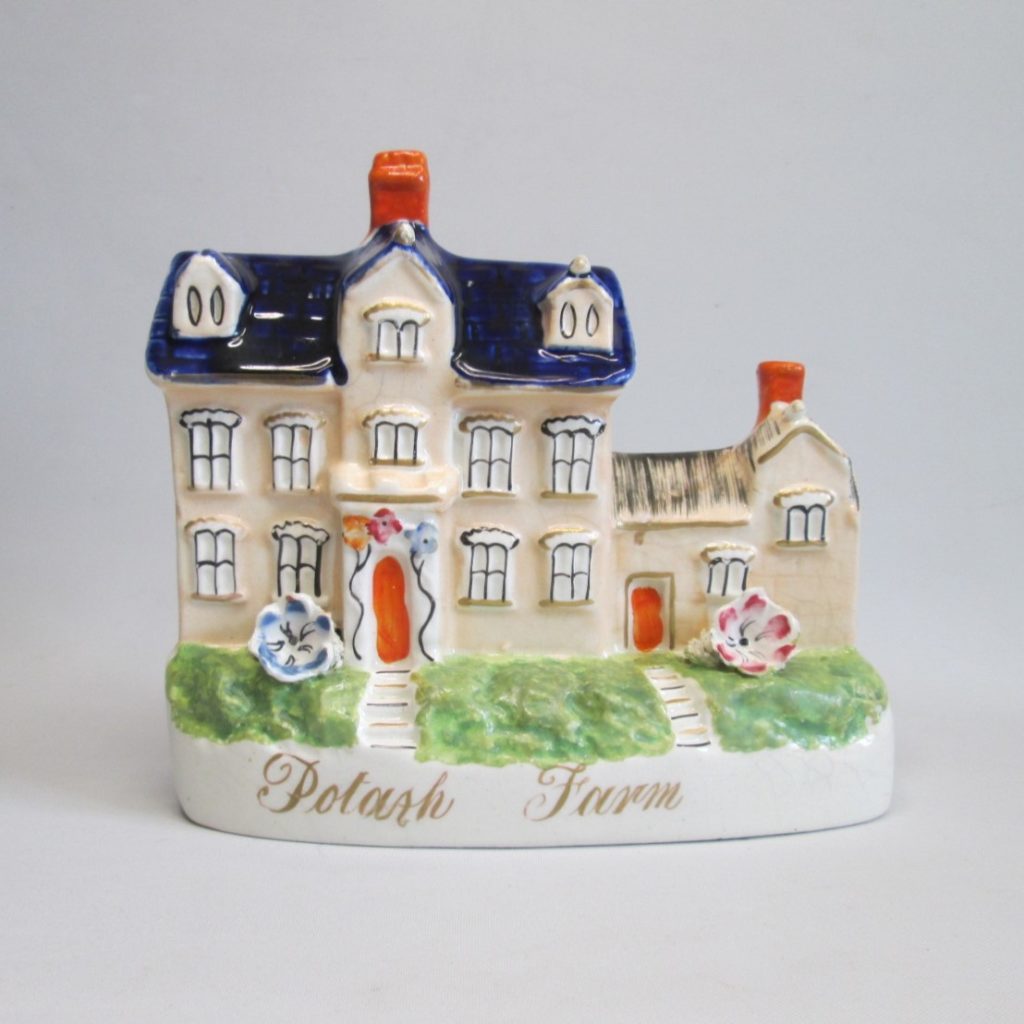 A Staffordshire pottery cottage titled Potash Farm in gilt – Alan ...