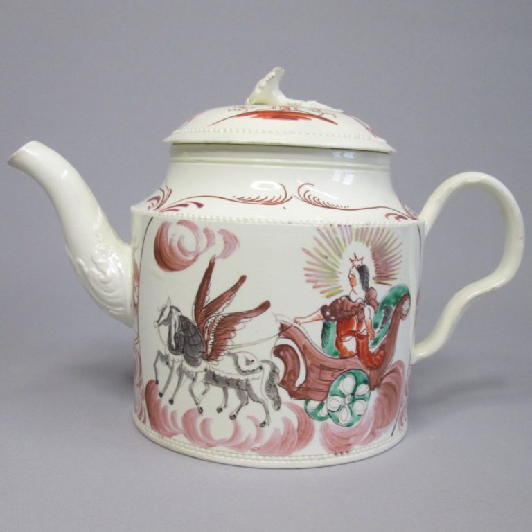 A rare Staffordshire William Greatbatch creamware teapot decorated with ...