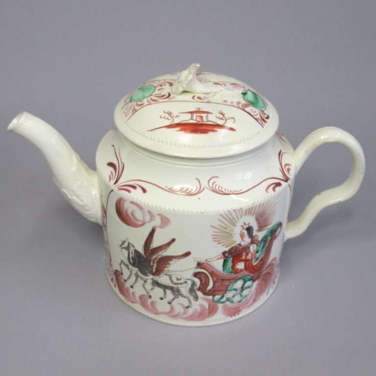 A rare Staffordshire William Greatbatch creamware teapot decorated with ...