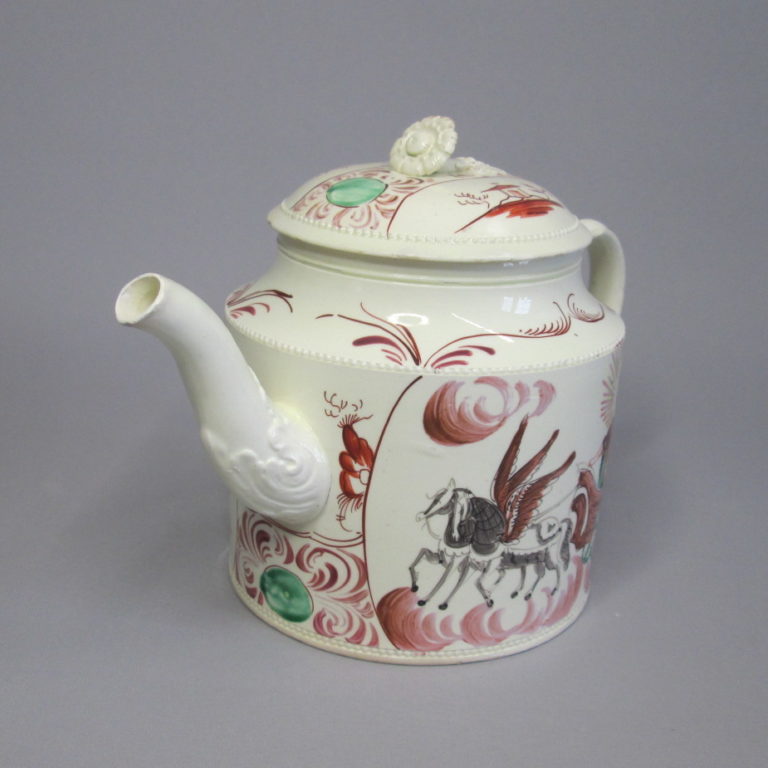 A rare Staffordshire William Greatbatch creamware teapot decorated with ...