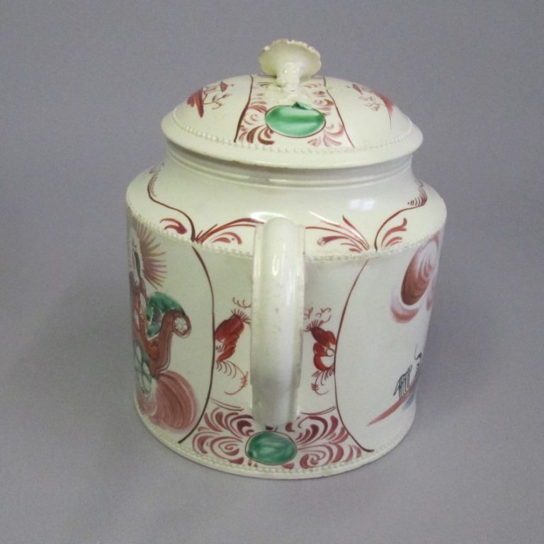 A rare Staffordshire William Greatbatch creamware teapot decorated with ...